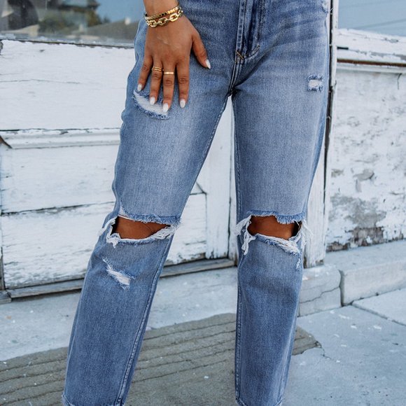 Jeans | Sky Blue Open Knee Cutout Straight Leg Jeans | Poshmark